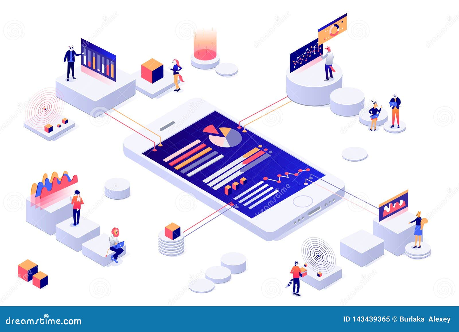 Data Visualization 3d Isometric Concept. People Interacting with Charts ...