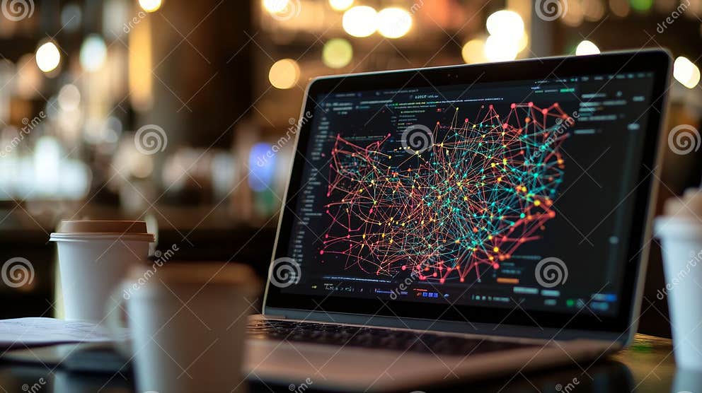 Data Visualization on Laptop with Coffee in Modern Cafe Setting Stock ...