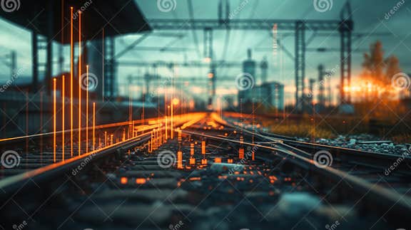 Data Visualization Over Train Tracks at Dusk in an Industrial Setting ...
