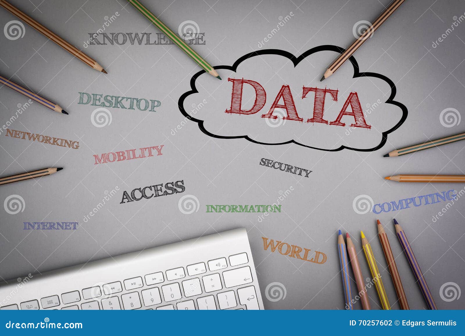 Data Word Cloud. Colored Pencils and a Computer Keyboard on the Stock ...