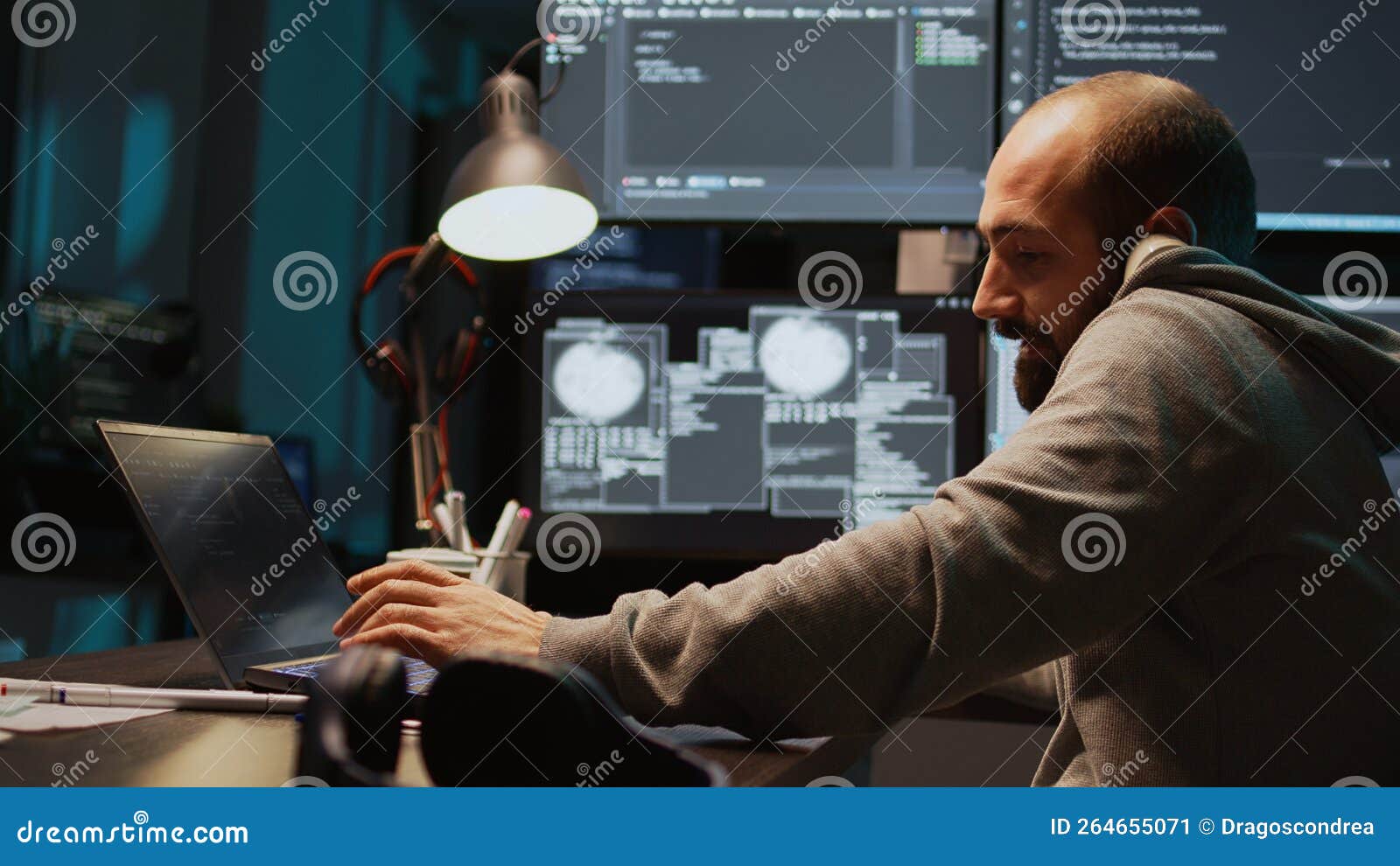 Database Admin Answering Landline Phone Call Late at Night Stock Image ...