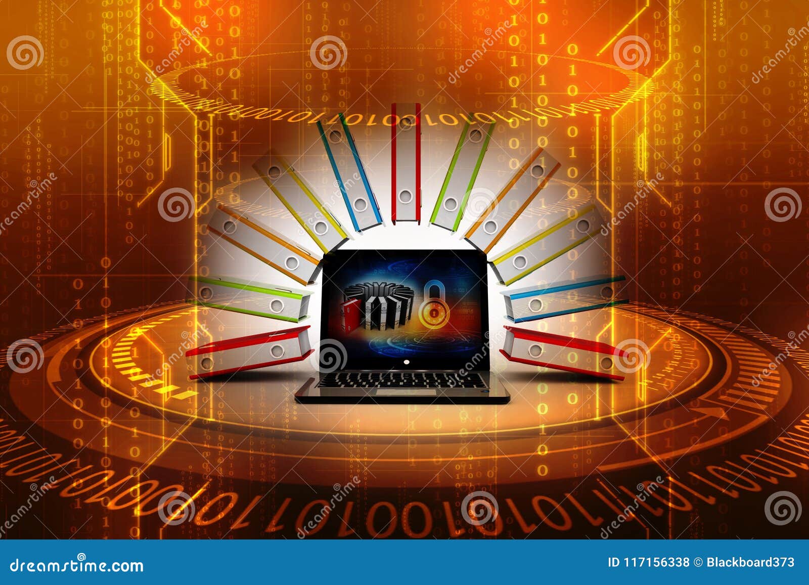 Database or Archive Concept. Laptop and File Cabinet with Ring Binders ...