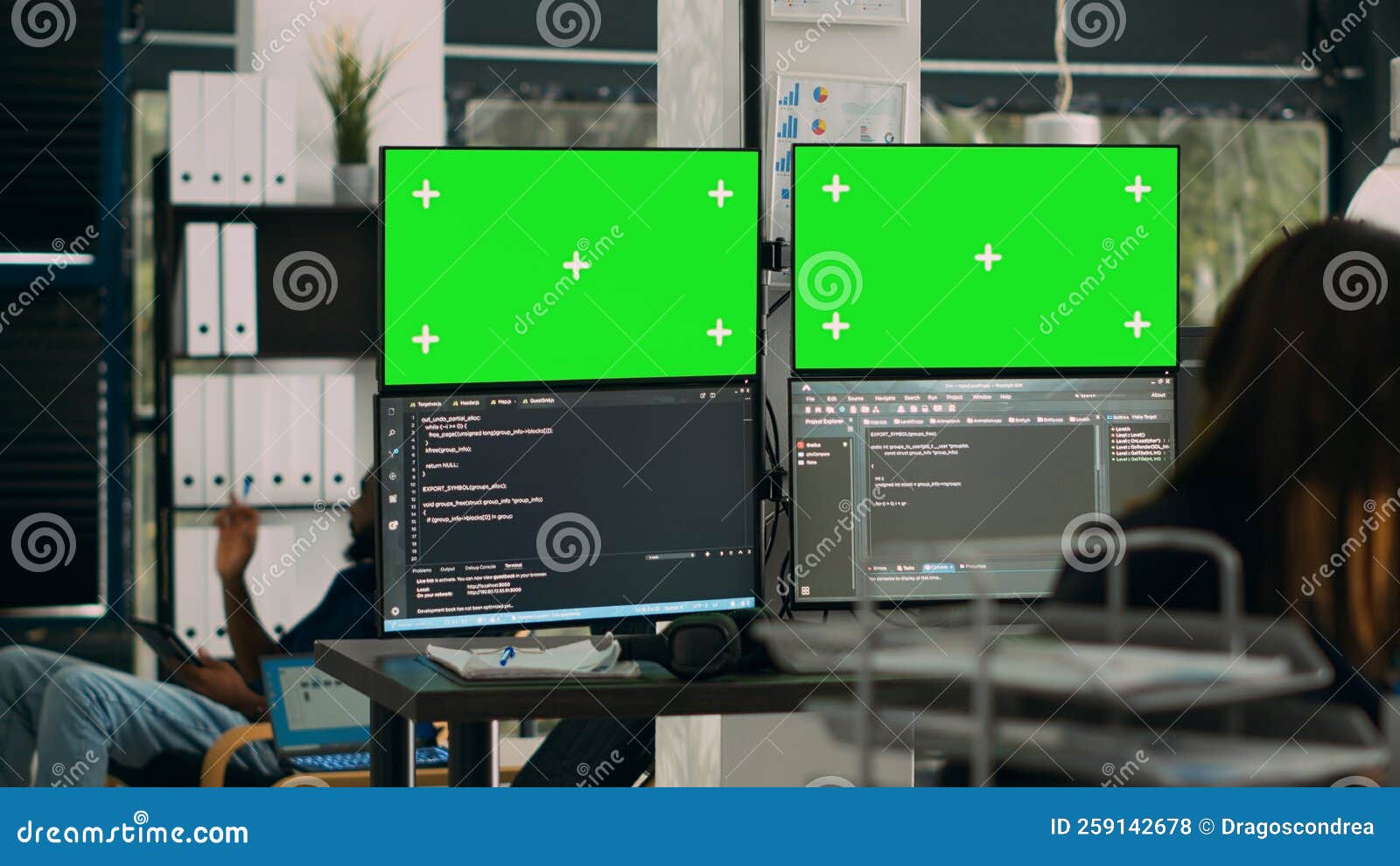 Database Developer Analyzing Greenscreen Display on Multiple Screens Stock Photo - Image of ...