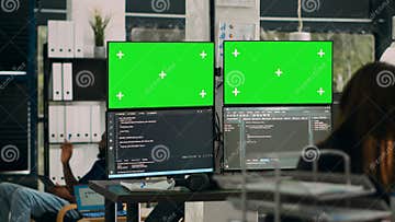 Database Developer Analyzing Greenscreen Display on Multiple Screens Stock Photo - Image of ...
