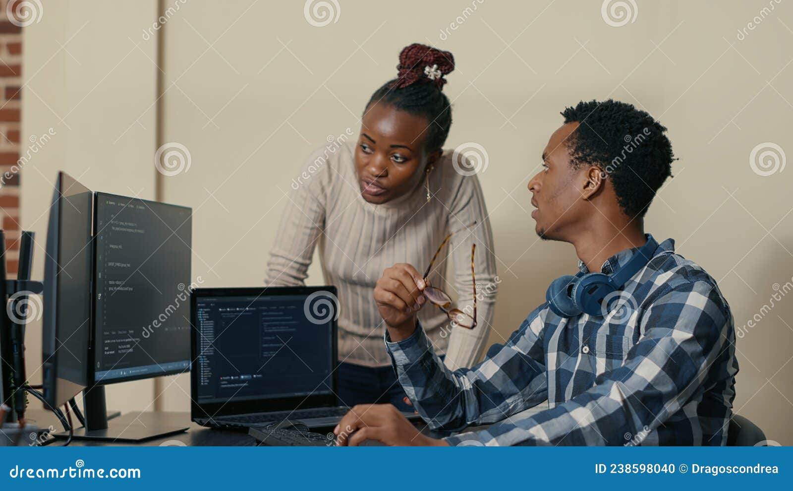 Database Developer Removing Glasses while Explaining Algorithm To ... Database Developer Removing Glasses while Explaining Algorithm To ...