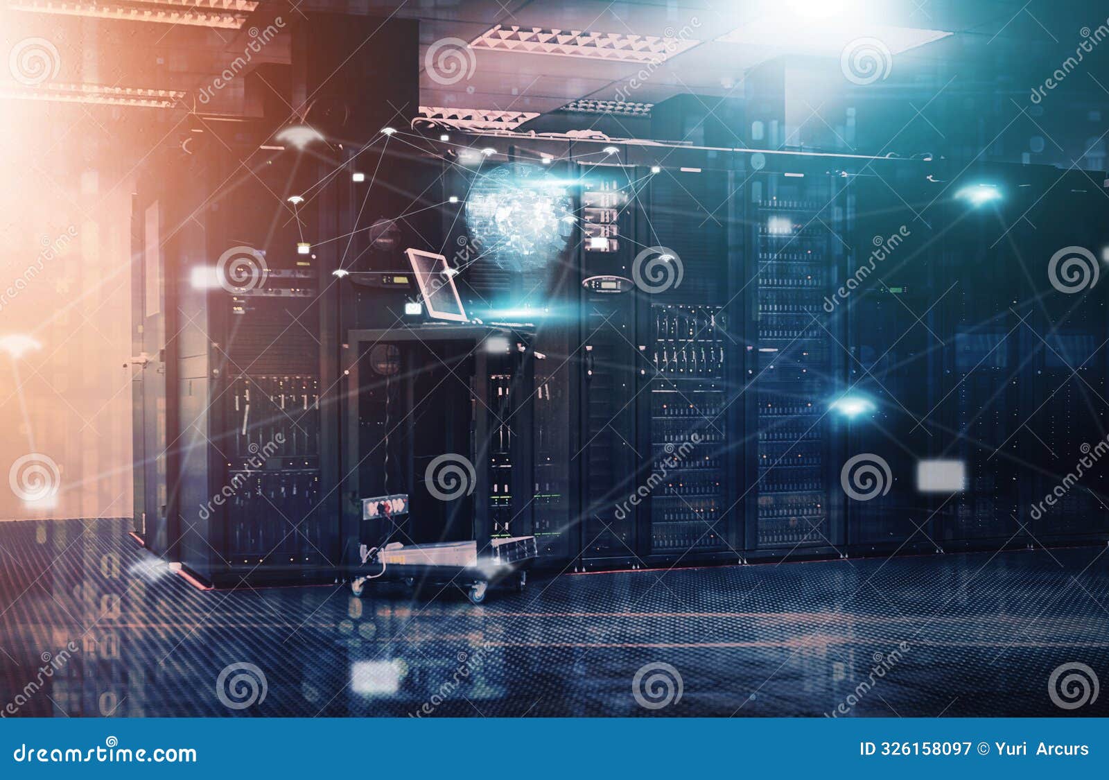 Database, Double Exposure and Hologram of Earth in Server Room for ...