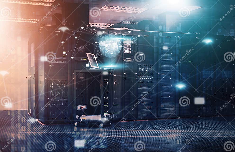 Database, Double Exposure and Hologram of Earth in Server Room for ...