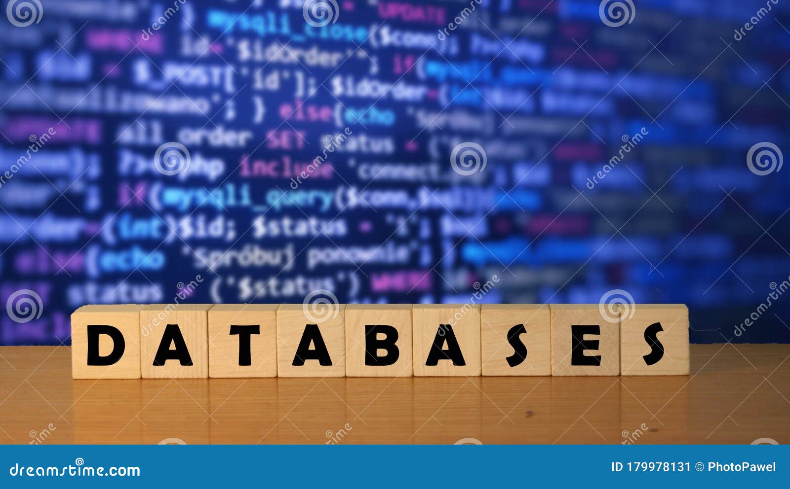 DATABASE Message Word on a Wooden Desk on Cube Blocks with a Blue Code ...