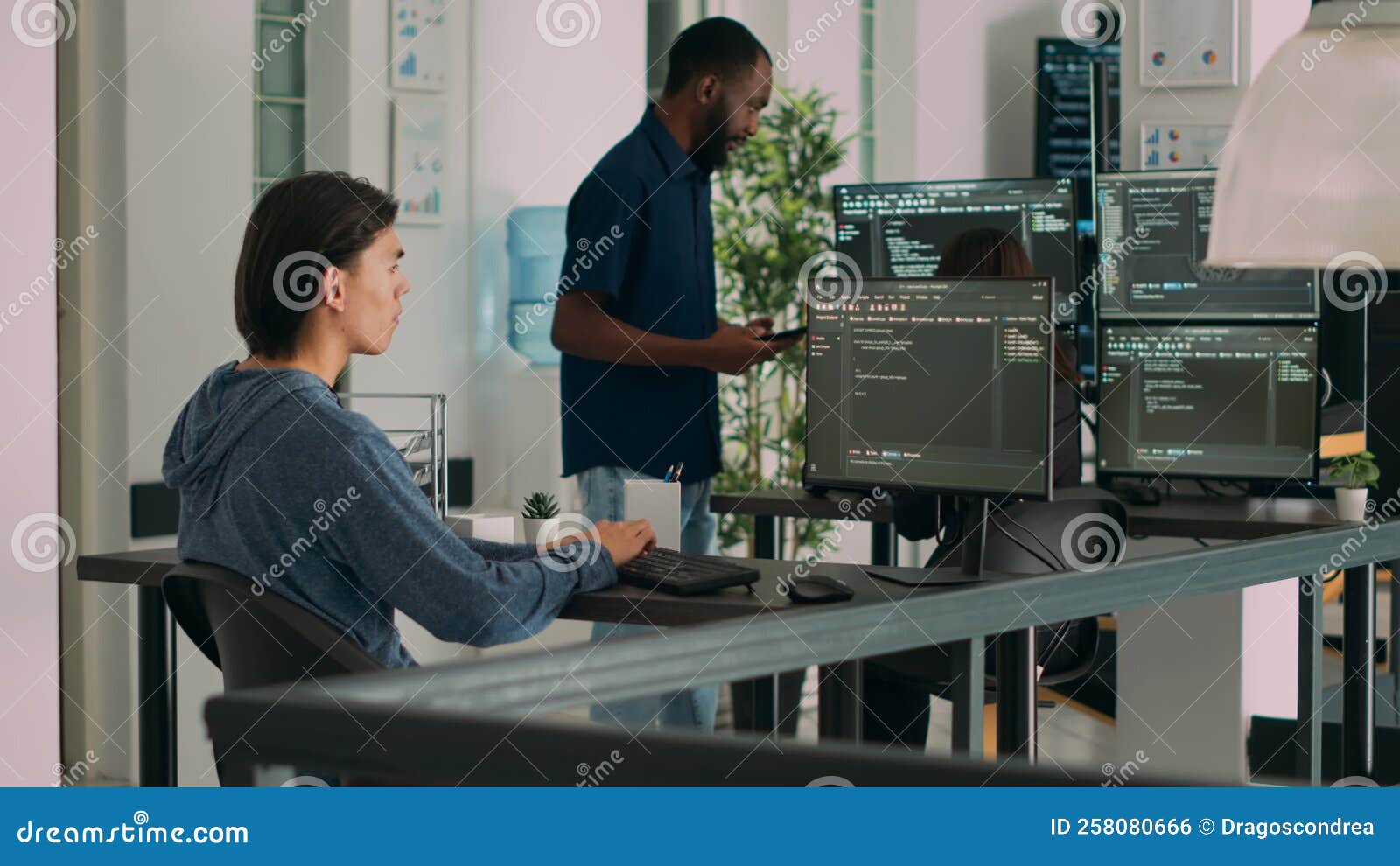 Database Programer Developing Source Code And Cloud Computing Stock
