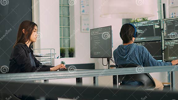 Database Programer Writing Source Code With Coding Language In It Development Stock Image
