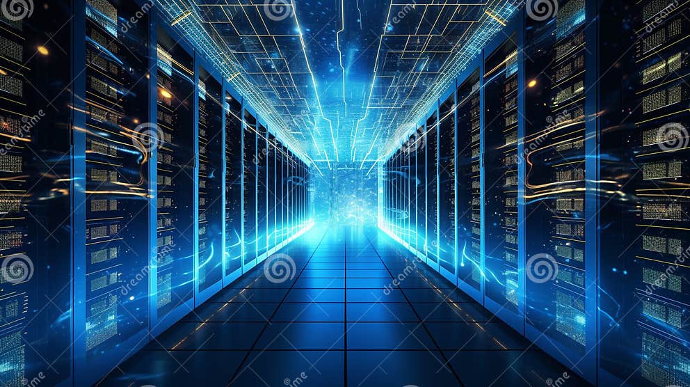 Database Server. Super Computer Stores Big Data Digital Information. Hi Tech Technology ...