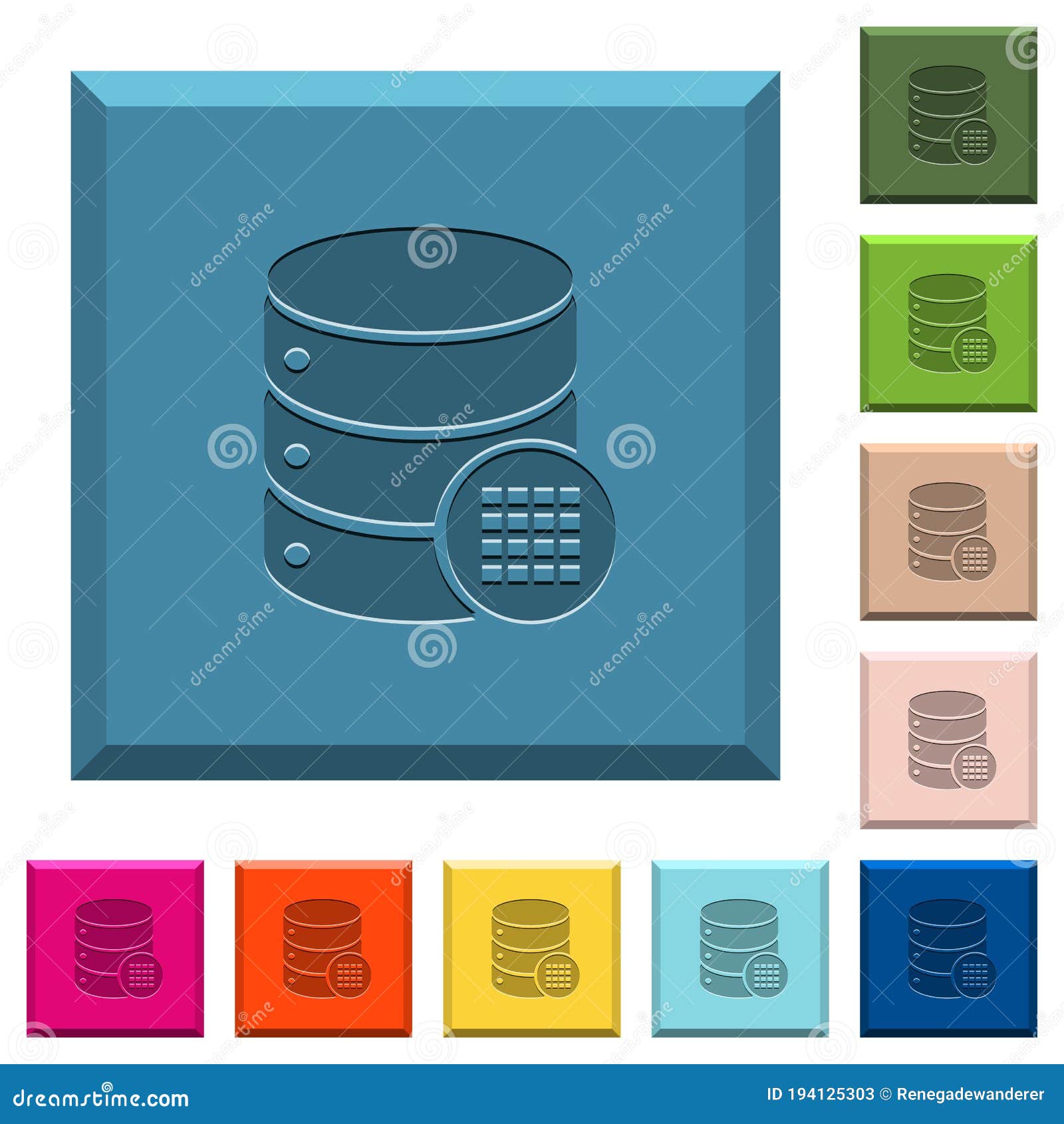 Database Table Cells Engraved Icons on Edged Square Buttons Stock ...