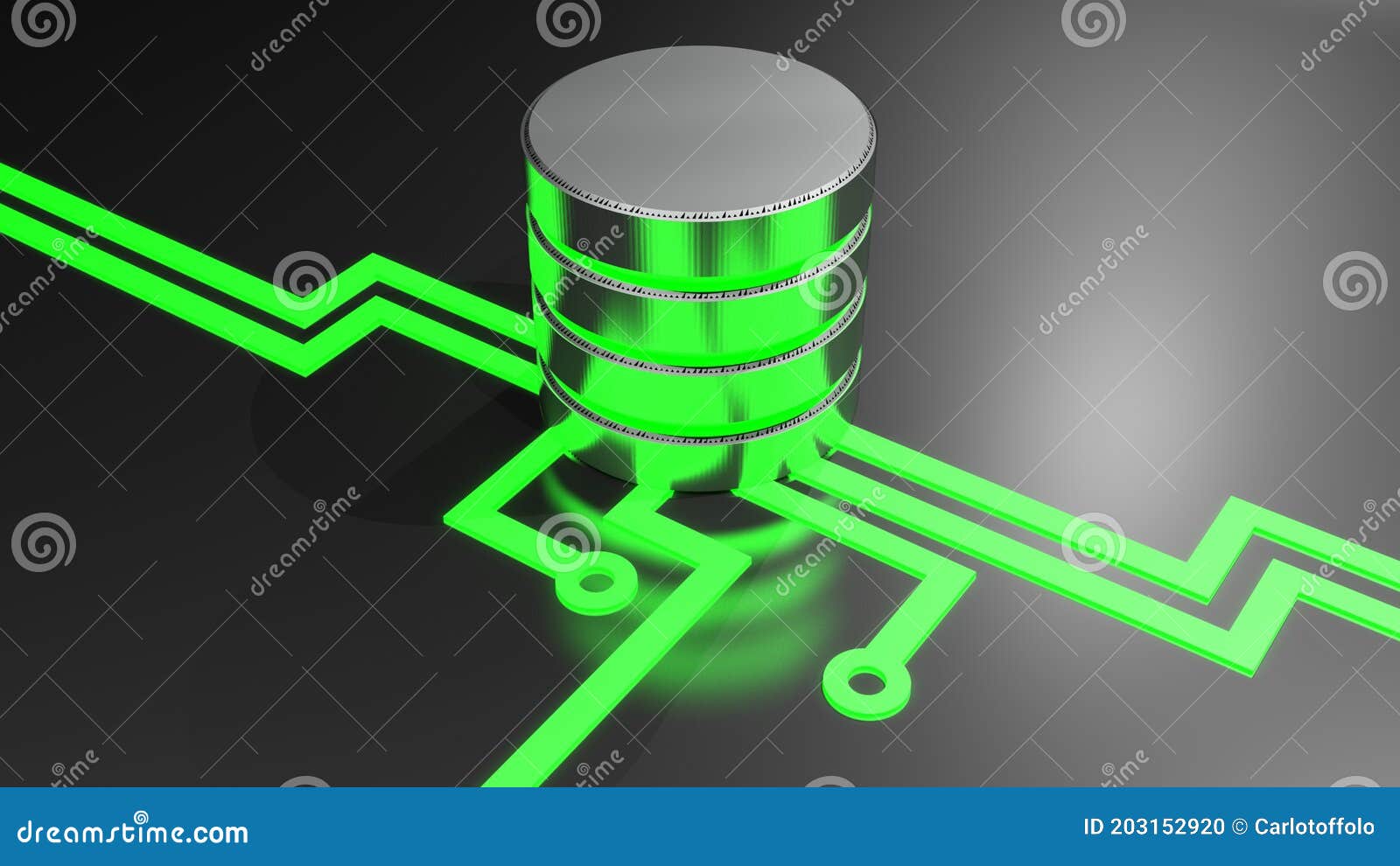 DATABASE Technology Concept Image with Metallic Disks and Green Light ...