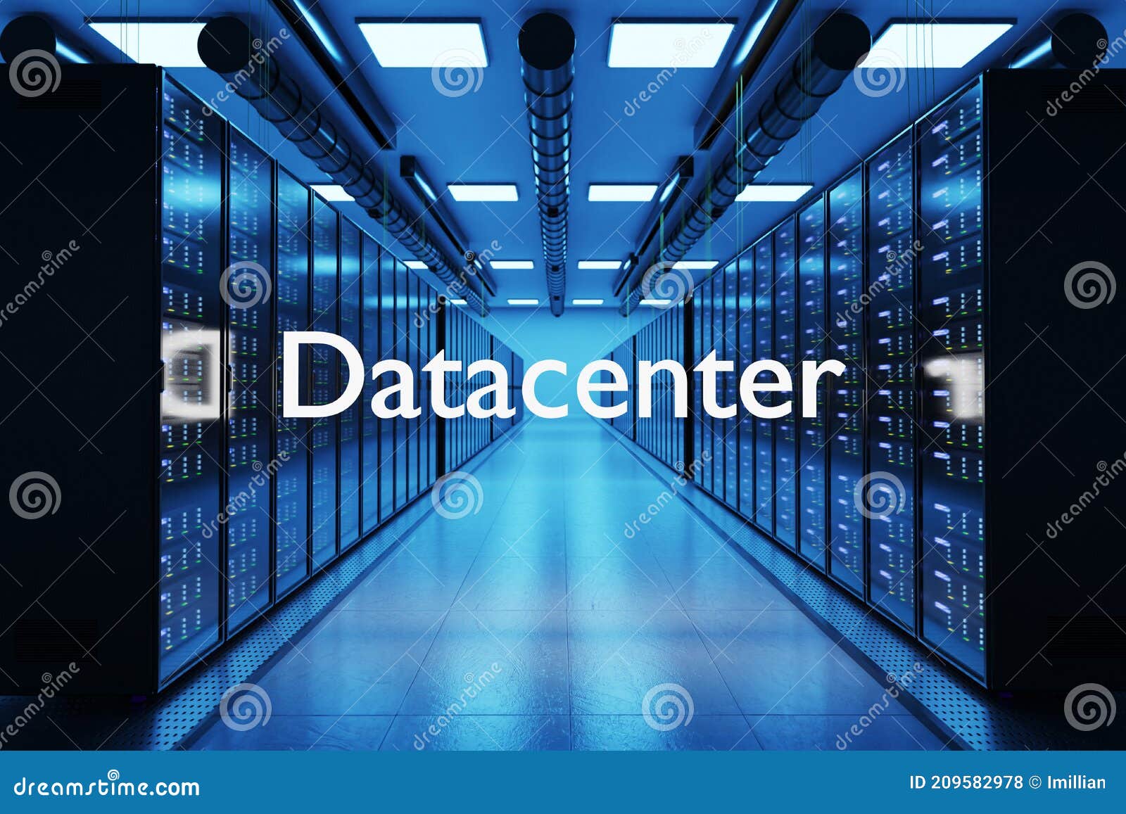Datacenter Logo in Large Modern Data Center with Multiple Rows of ...