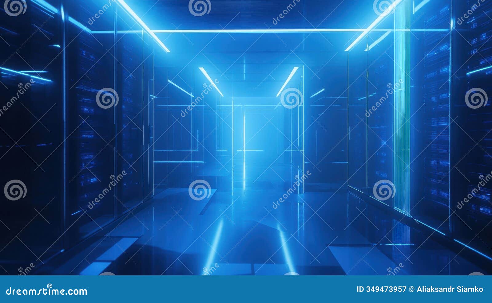 Datacenter Room with Glowing Server Racks in Blue Light Stock ...