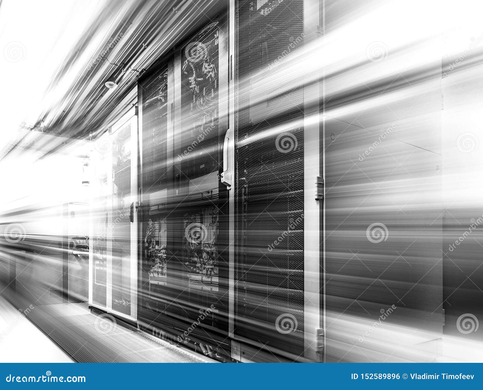 Datacenter Server Racks with Network Computers in Neon Black and White ...