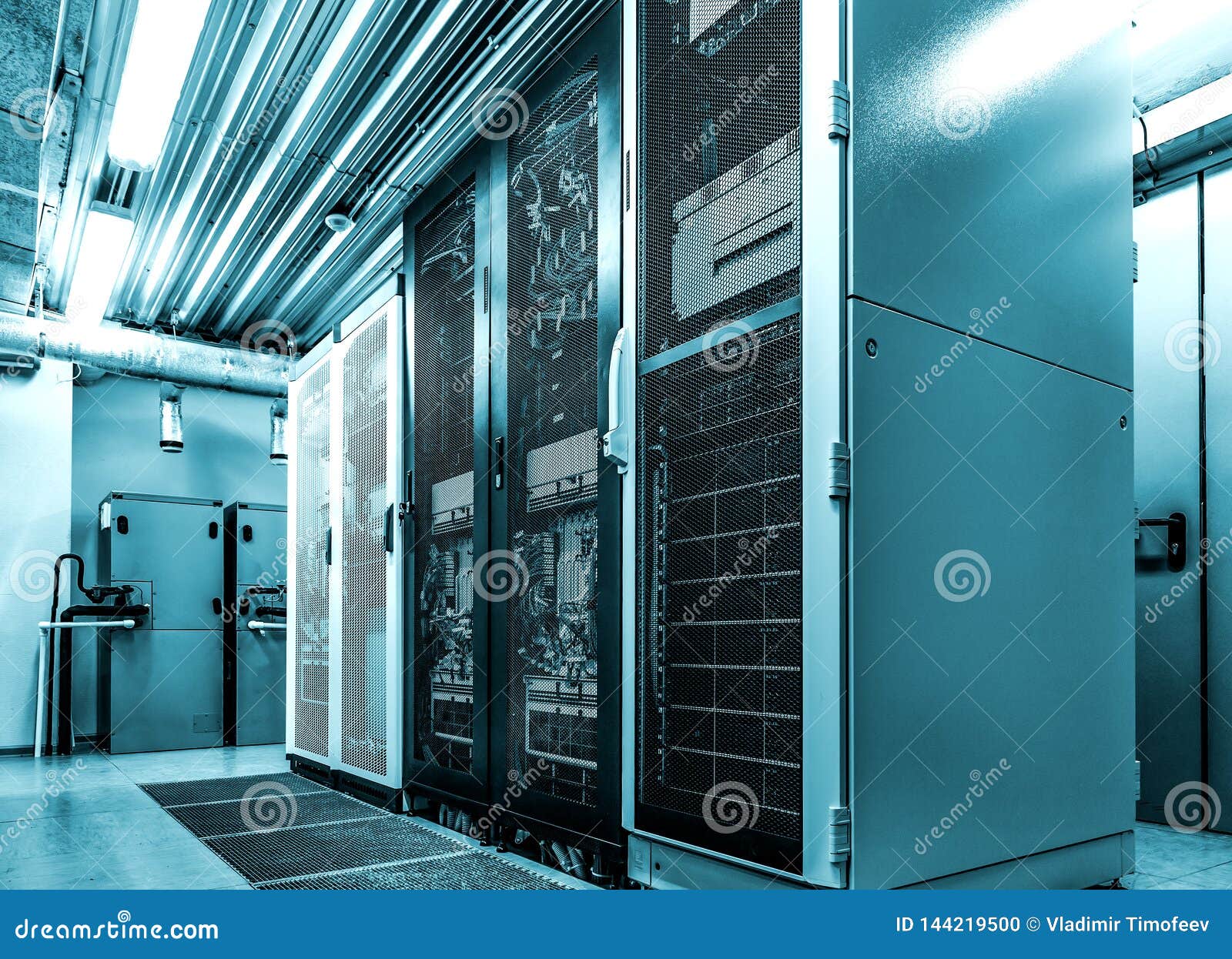 Datacenter Server Racks with Network Computers in Neon Blue Toning ...