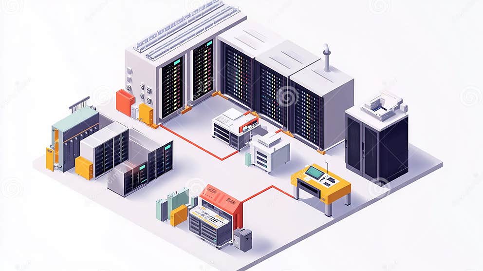 Datacenter with Servers, Network Hardware and Control Consoles in ...