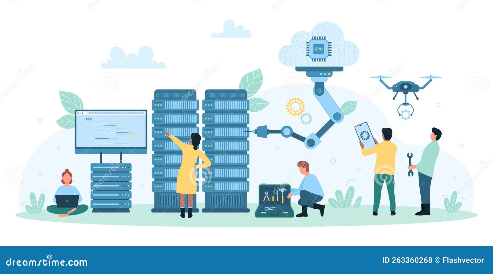 Datacenter Technology, AI, Tiny People Work with Computers, Servers and ...