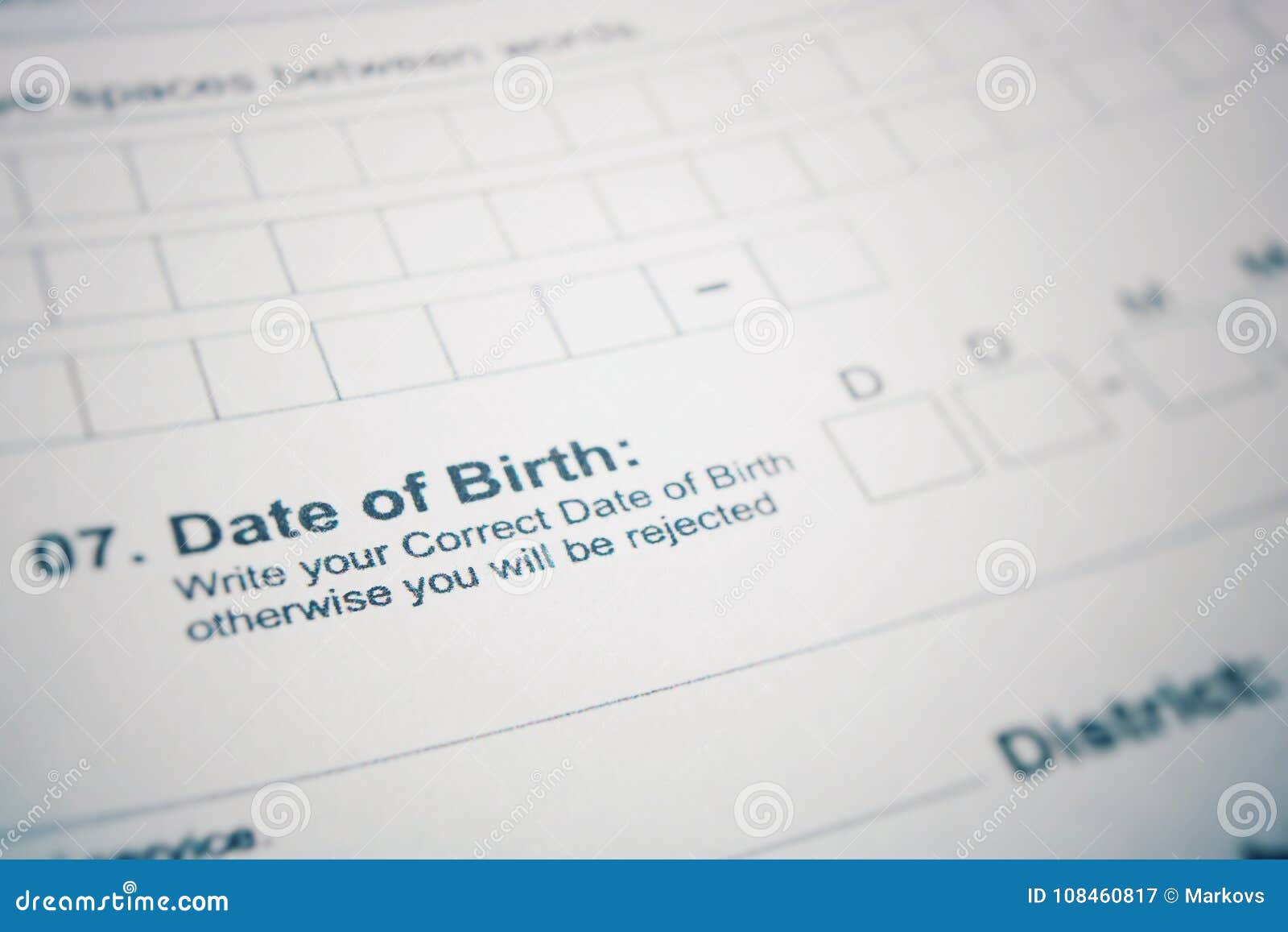 DATE of BIRTH Close Up on a Printed Form Stock Image - Image of ...