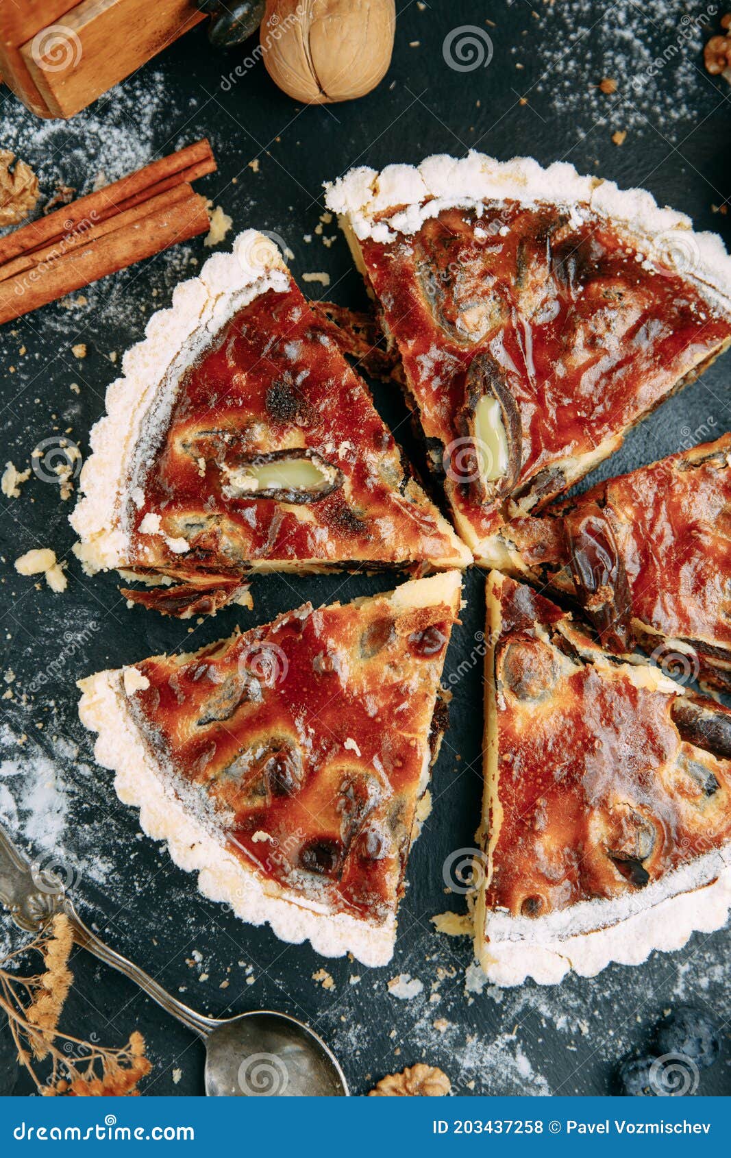 Date Cake with Sweet Jam and Shortbread. Fruit Cake Cut into Slices ...