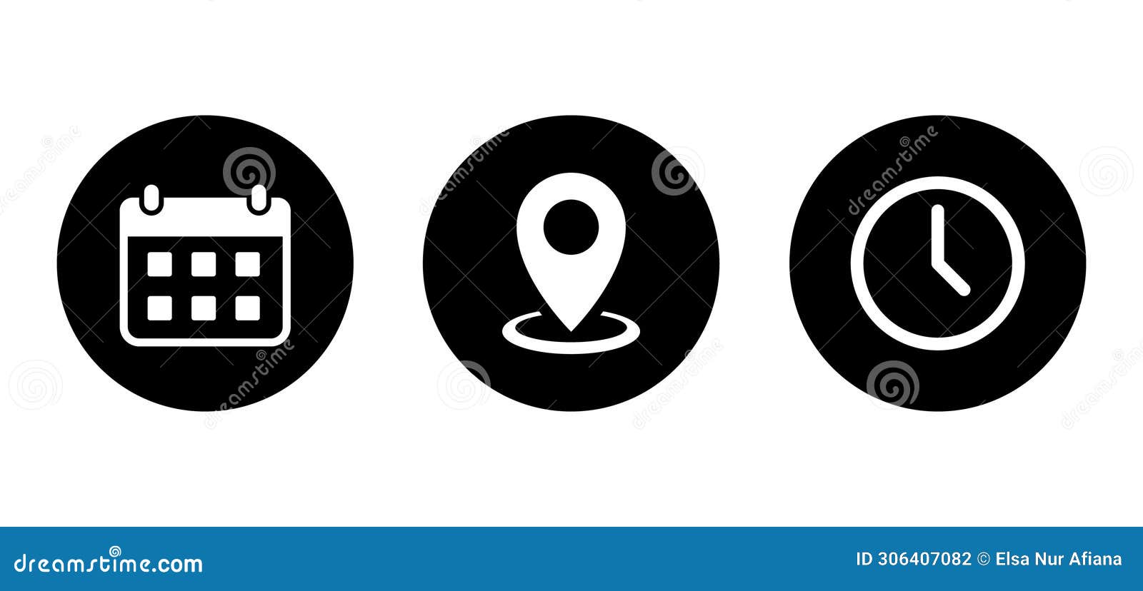 Date Calendar, Map Pin Location, and Clock Time Icon Vector on Black ...