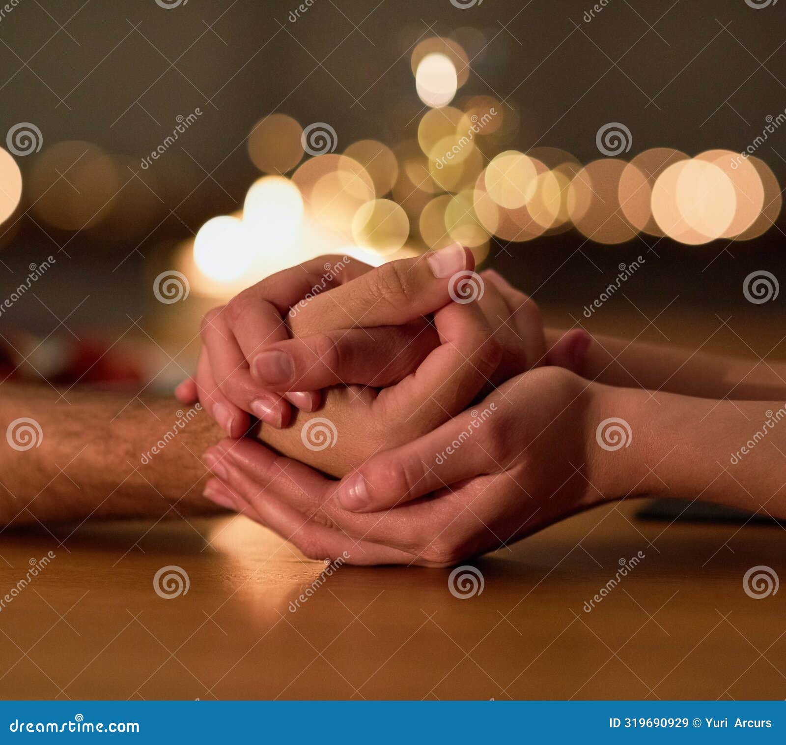 Date, Night and Hands of Couple on Table for Support, Anniversary and ...