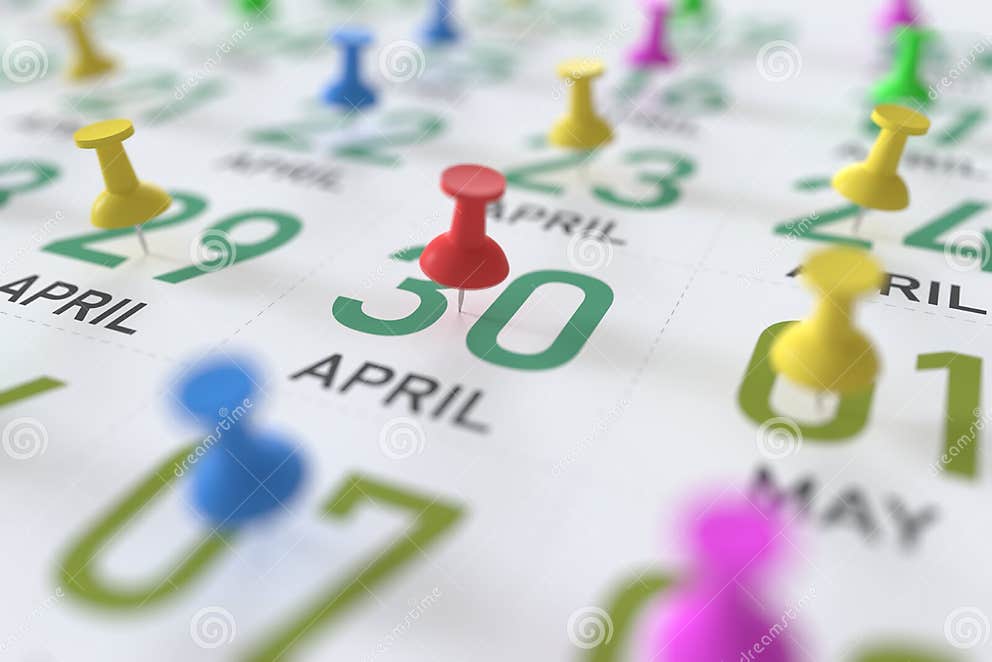 April 30 Date and Push Pin on a Calendar, 3D Rendering Stock ...
