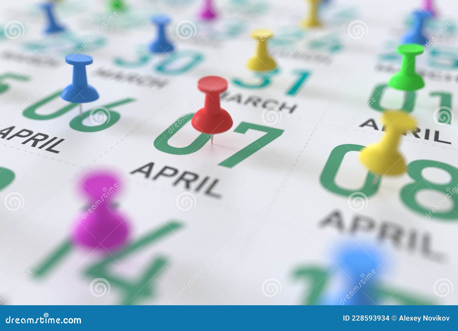 April 7 Date and Push Pin on a Calendar, 3D Rendering Stock ...