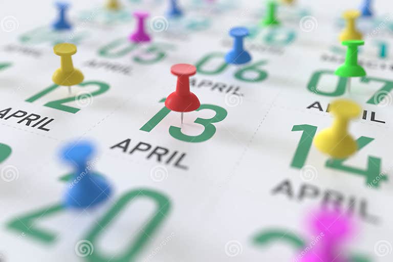 April 13 Date Marked with a Pin Calendar, 3D Rendering Stock ...