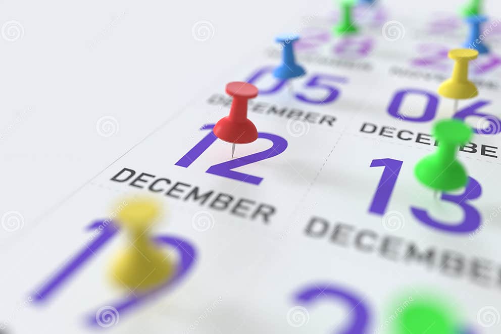 December 12 Date Marked with a Pin Calendar, 3D Rendering Stock ...