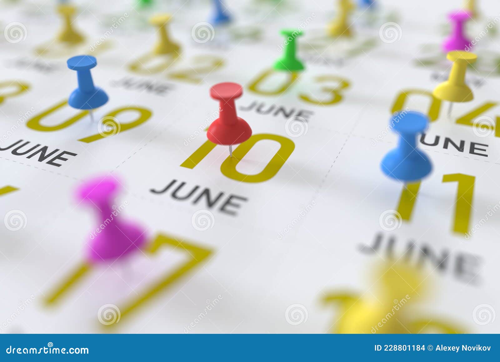 June 10 Date and Push Pin on a Calendar, 3D Rendering Stock ...