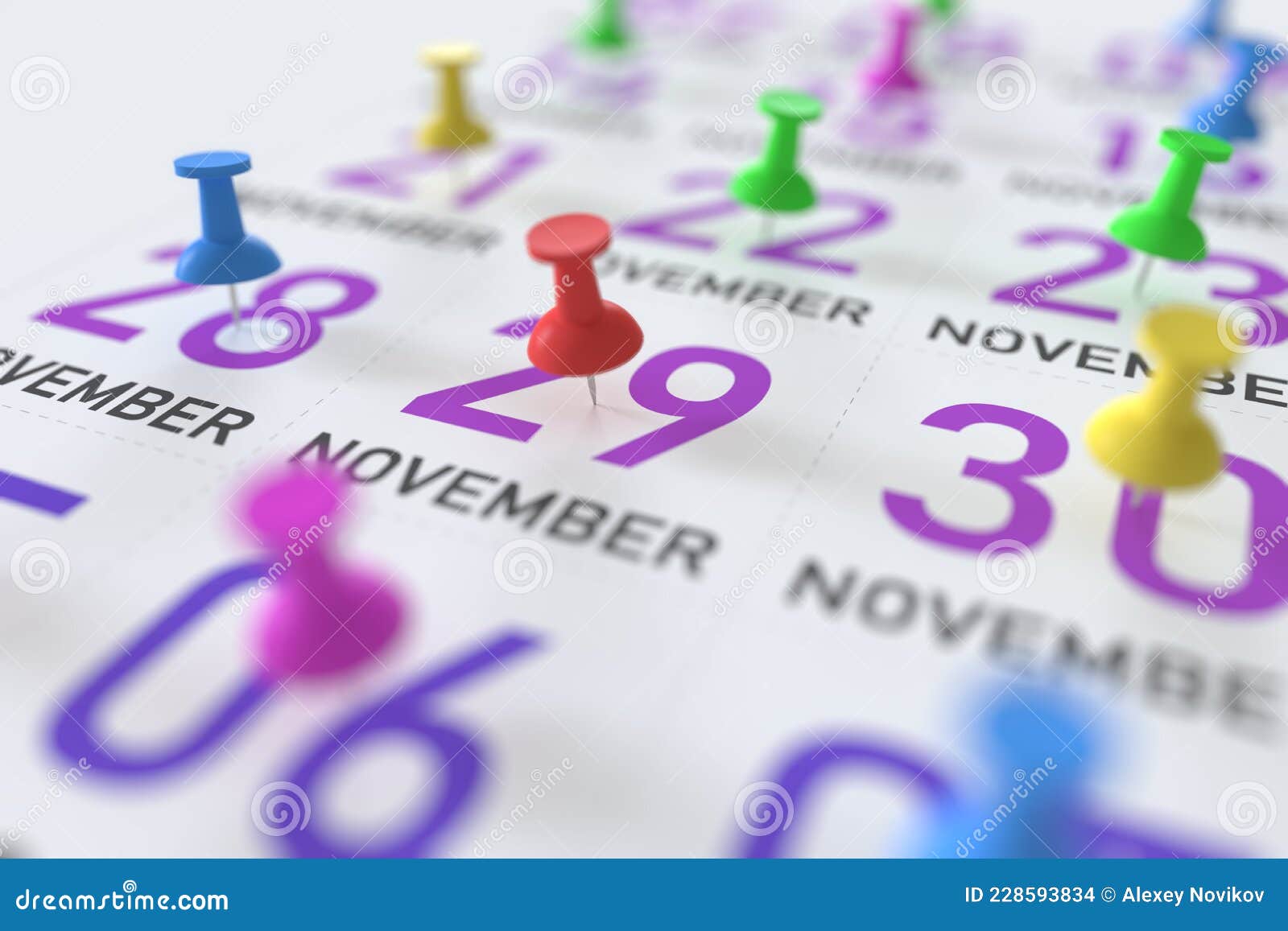 November 29 Date and Push Pin on a Calendar, 3D Rendering Stock ...