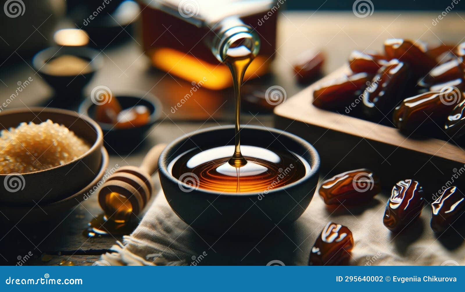 Date Syrup Being Poured into a Bowl, Surrounded by Fresh Dates and ...