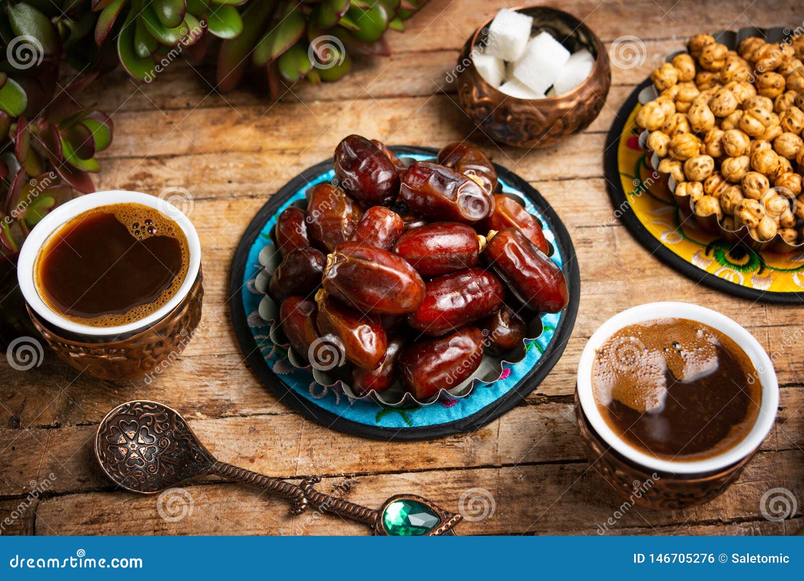 Dates and Chickpeas Served with Turkish Coffee Stock Photo - Image of ...