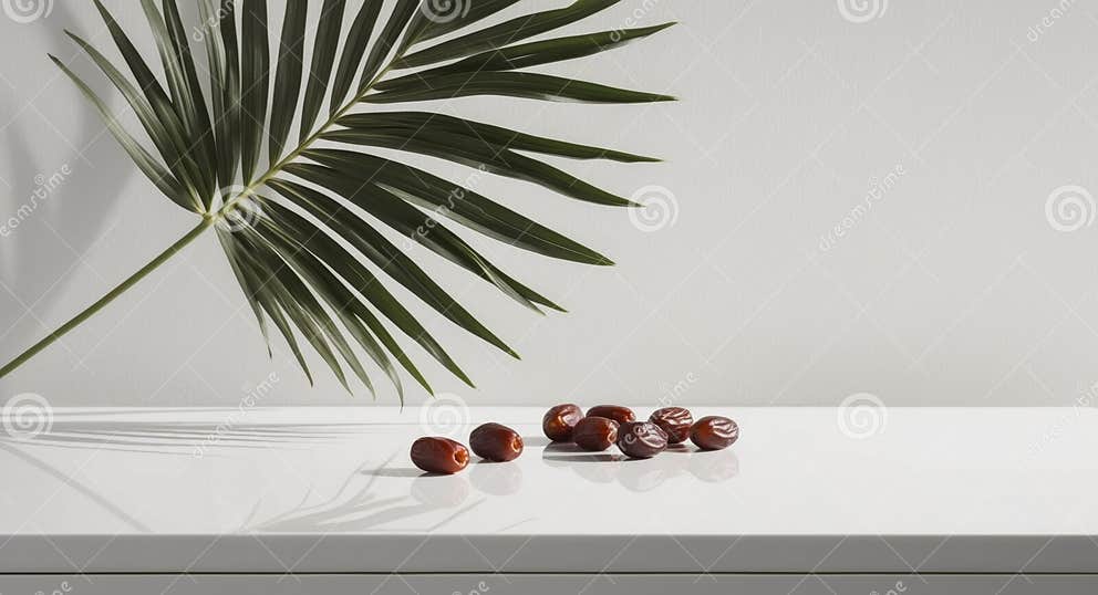 Dates with Palm Leaf Shadow on White Surface. Stock Image - Image of ...