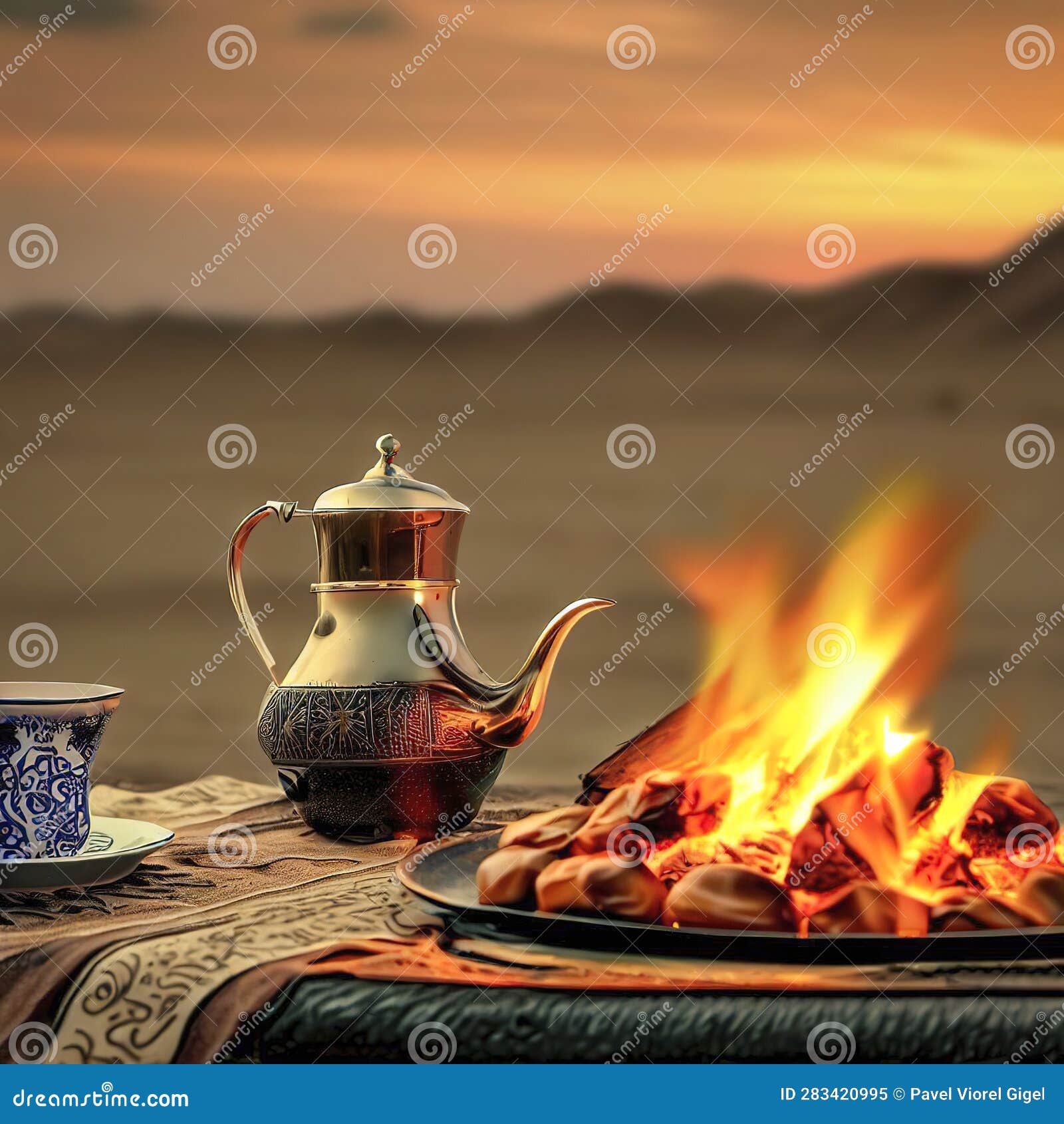 Dates, Teapot, Cup with Tea Near the Fire in the Desert with a ...