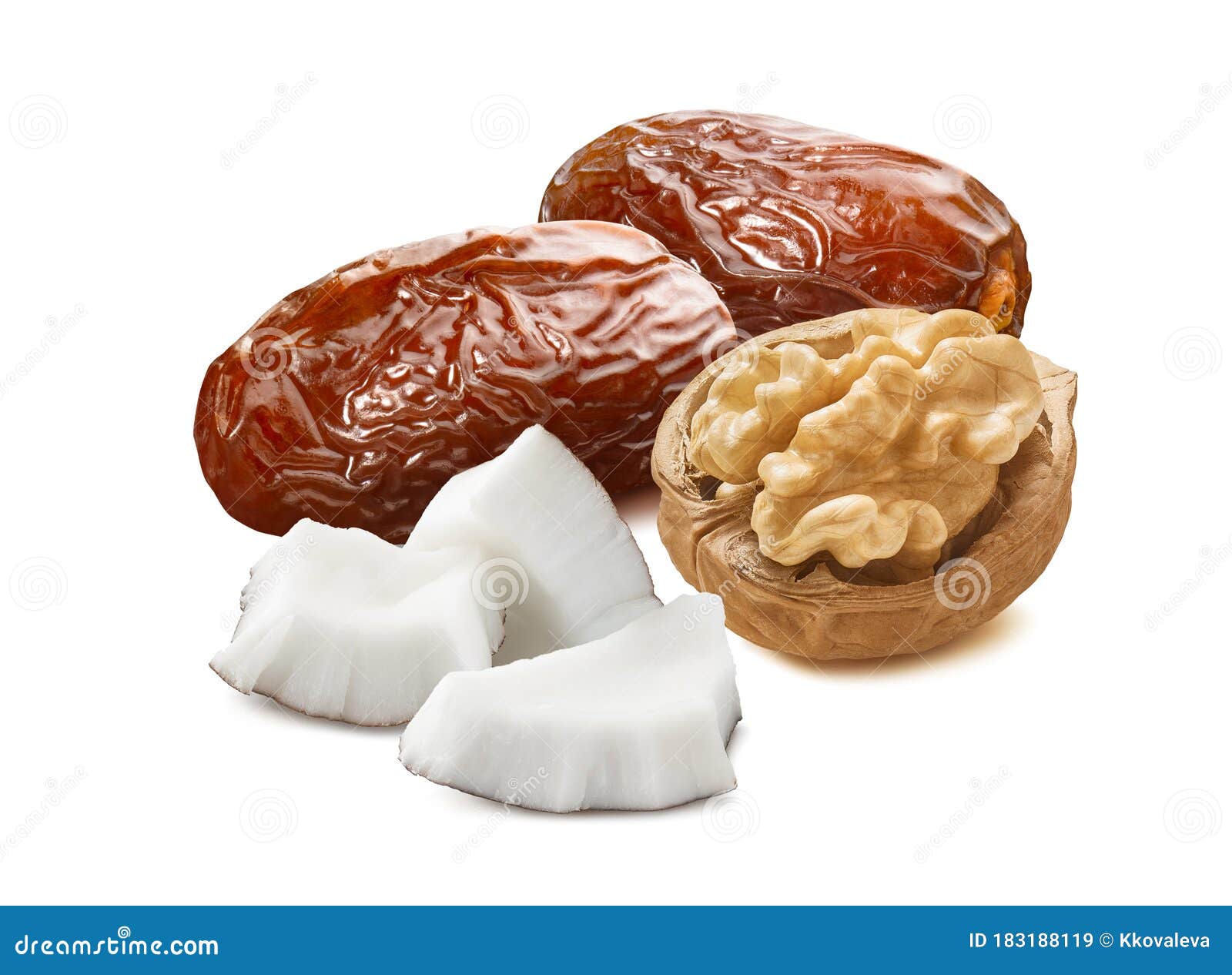Dates, Walnut and Coconut Pieces Isolated on White Background Stock ...