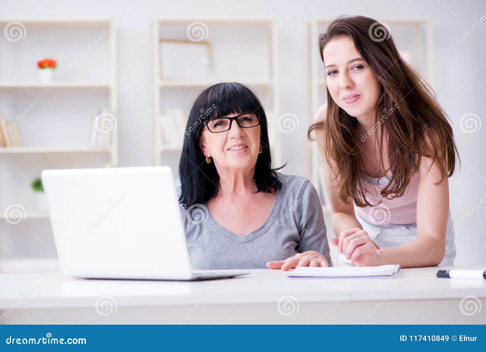 The Daughter Explaining To Mom How To Use Computer Stock Image - Image ...