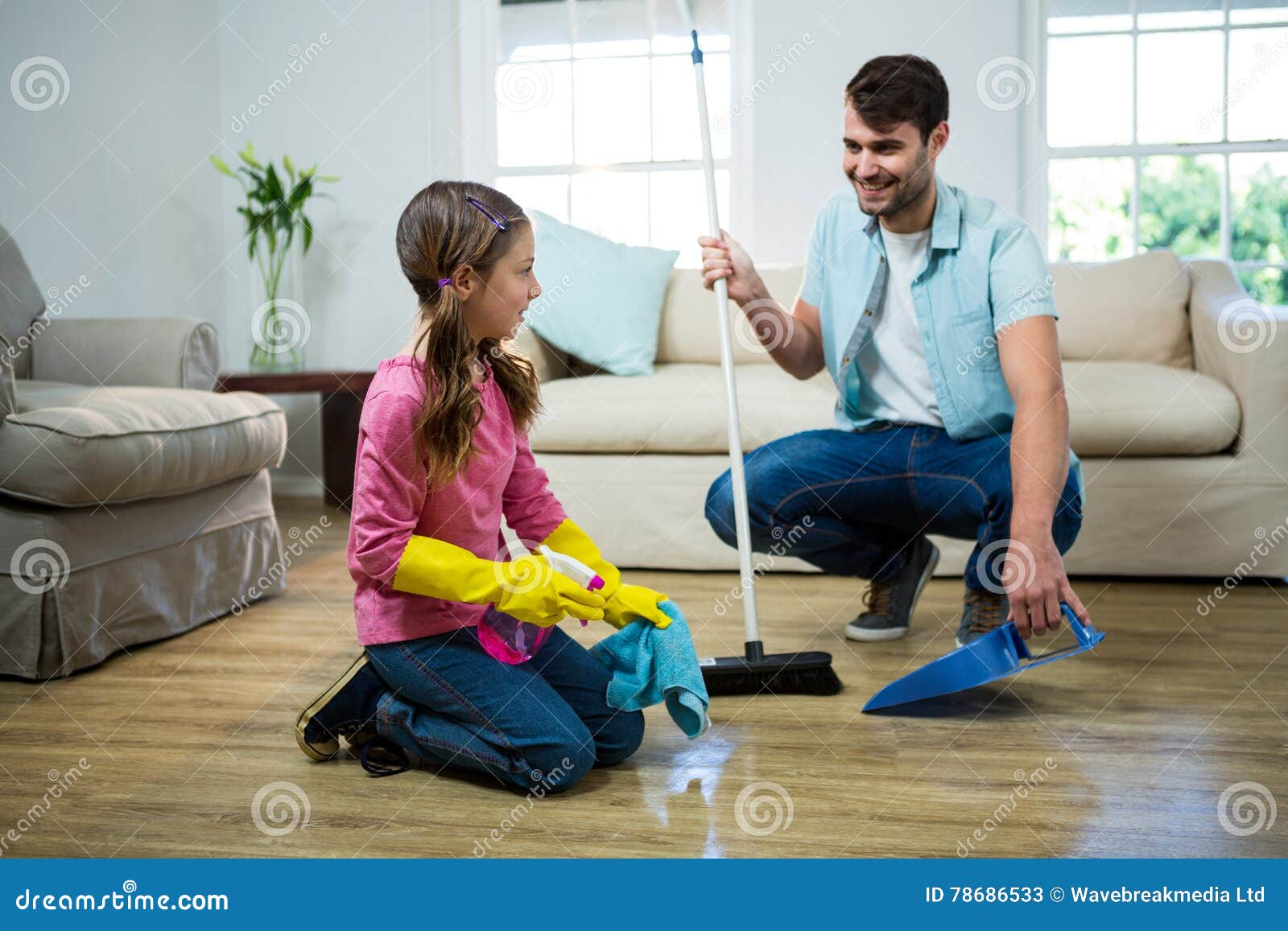 Daughter Helping Father To Clean Floor Stock Image - Image of bonding ...