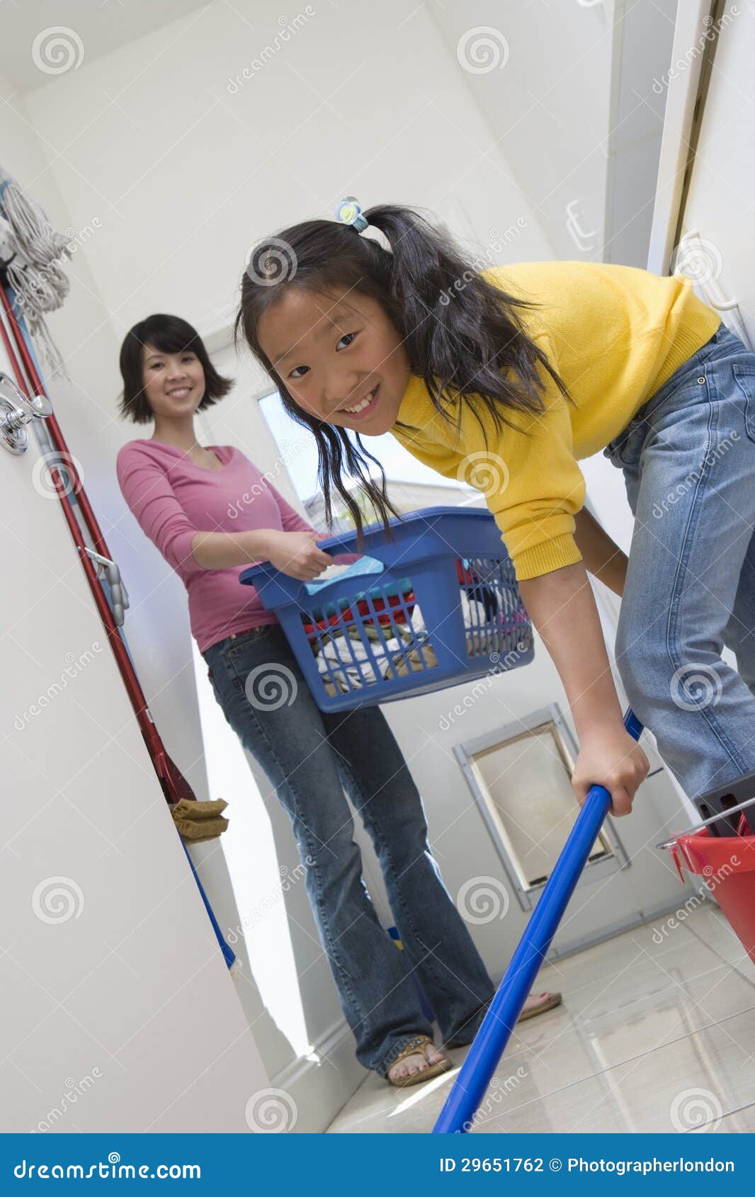 Daughter Helping Mother in Cleaning Floor Stock Photo - Image of female ...