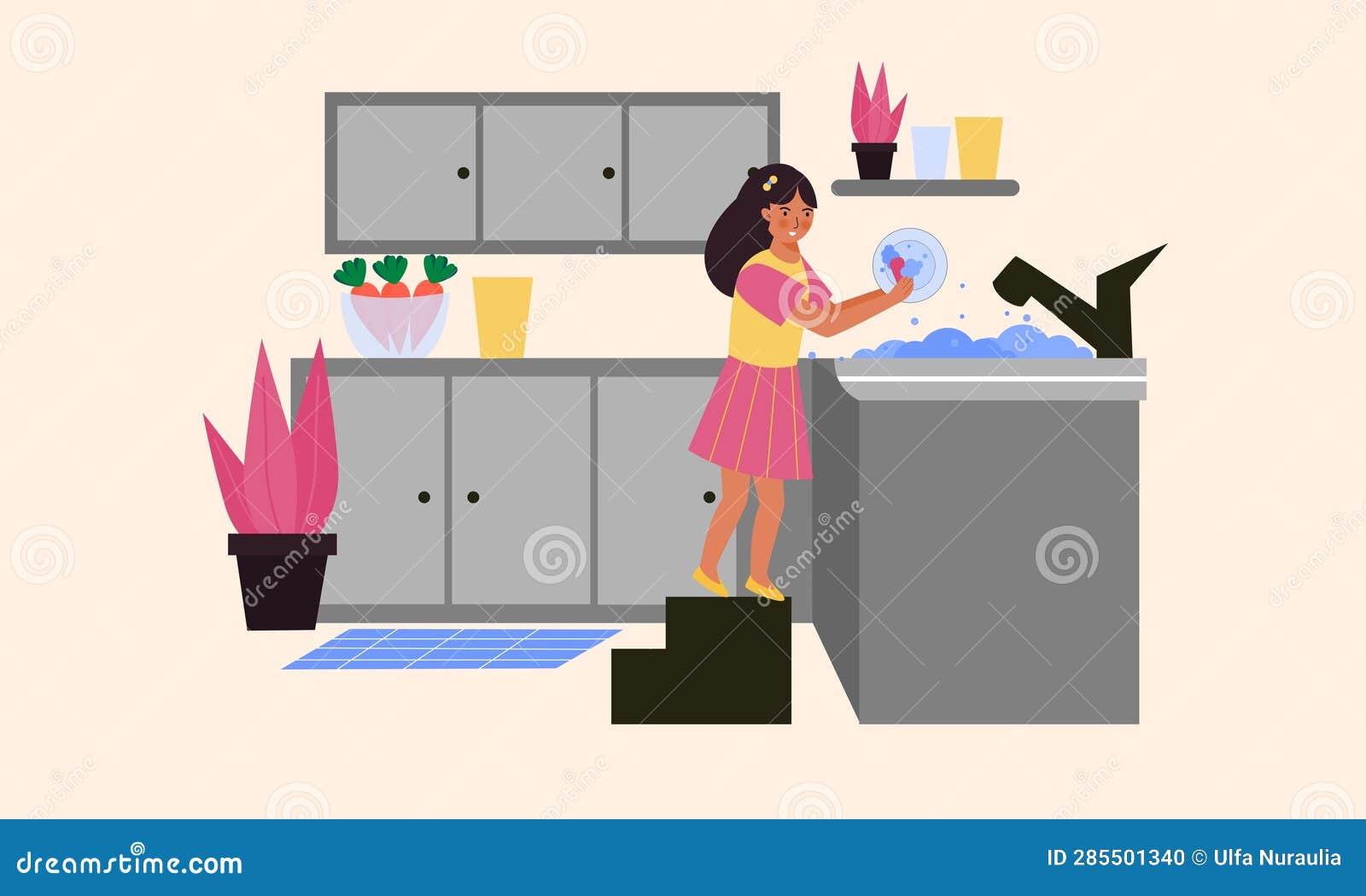 Young Man Help Old Woman Using A Walking Frame Vector Illustration