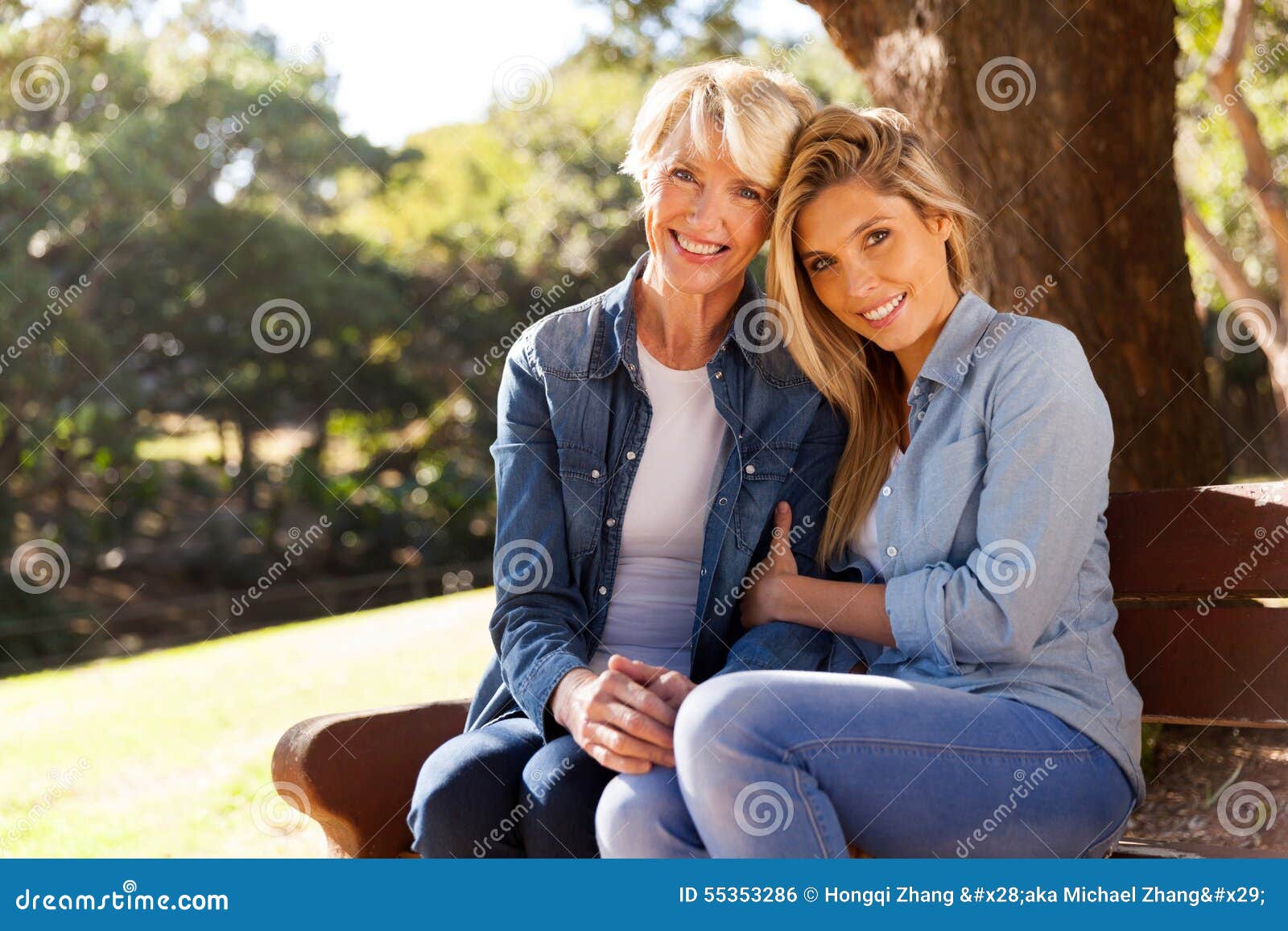 Daughter Mother Sitting Bench Stock Photo - Image of green ...