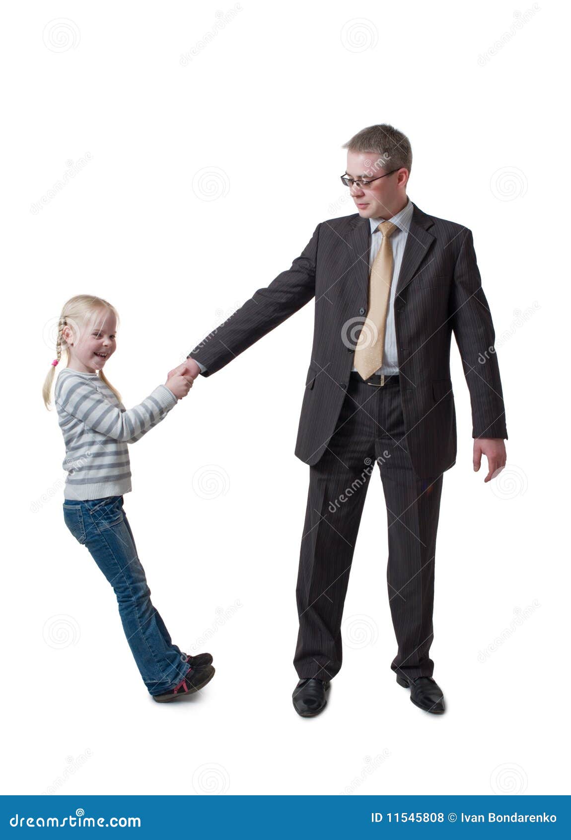 Daughter Pulls Father for Hand Stock Photo - Image of handsome, male ...