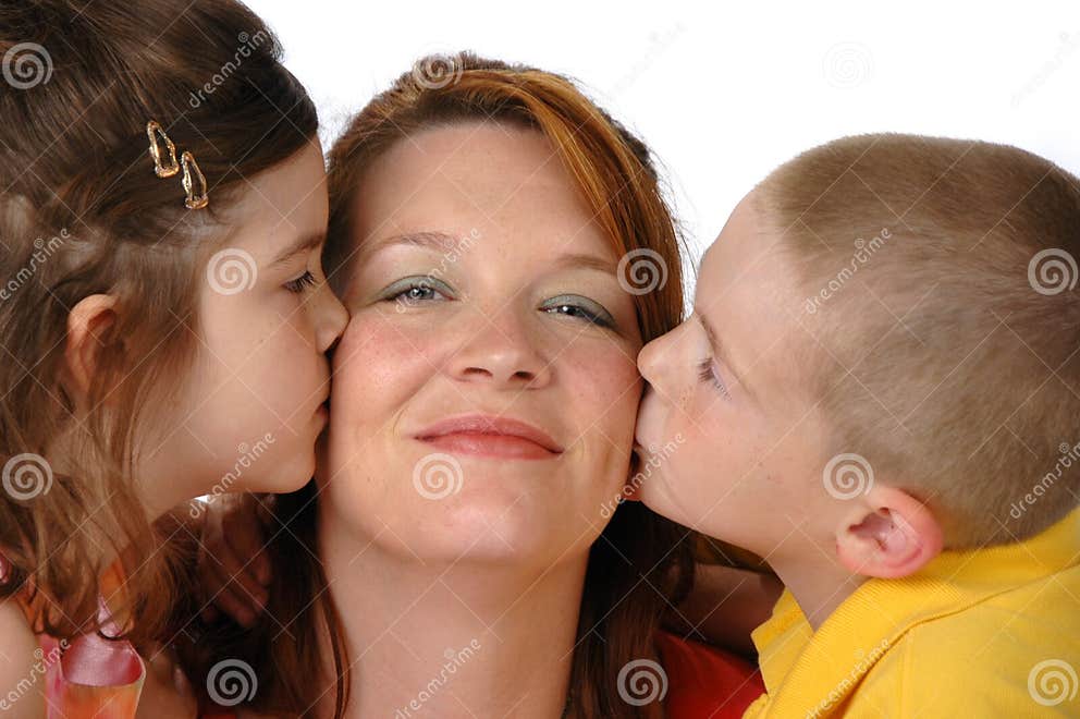 Daughter And Son Kissing Mom Stock Image Image Of Tenderness