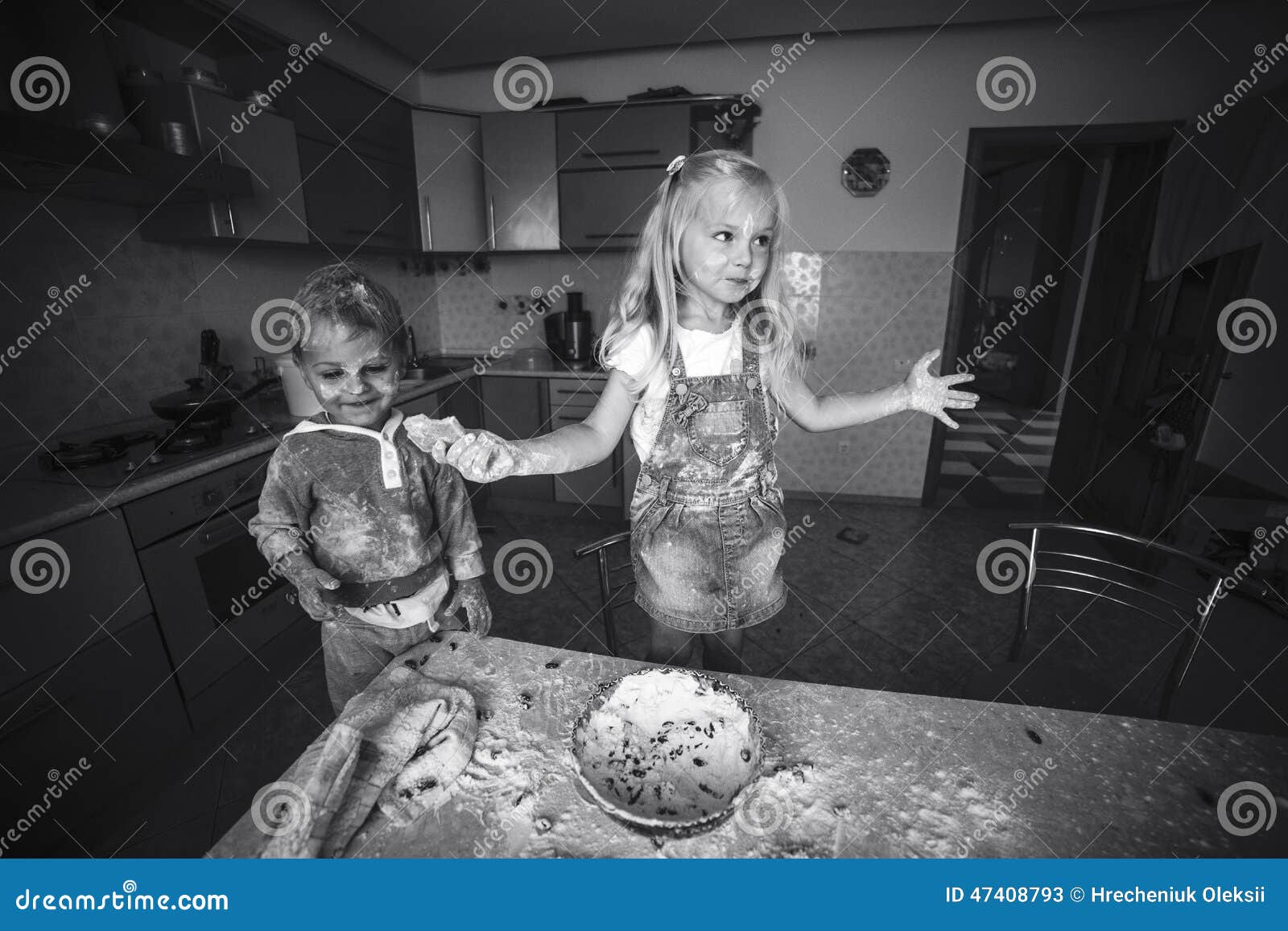 Daughter and Son Mess Up with Flour on Kitchen Stock Image - Image of ...