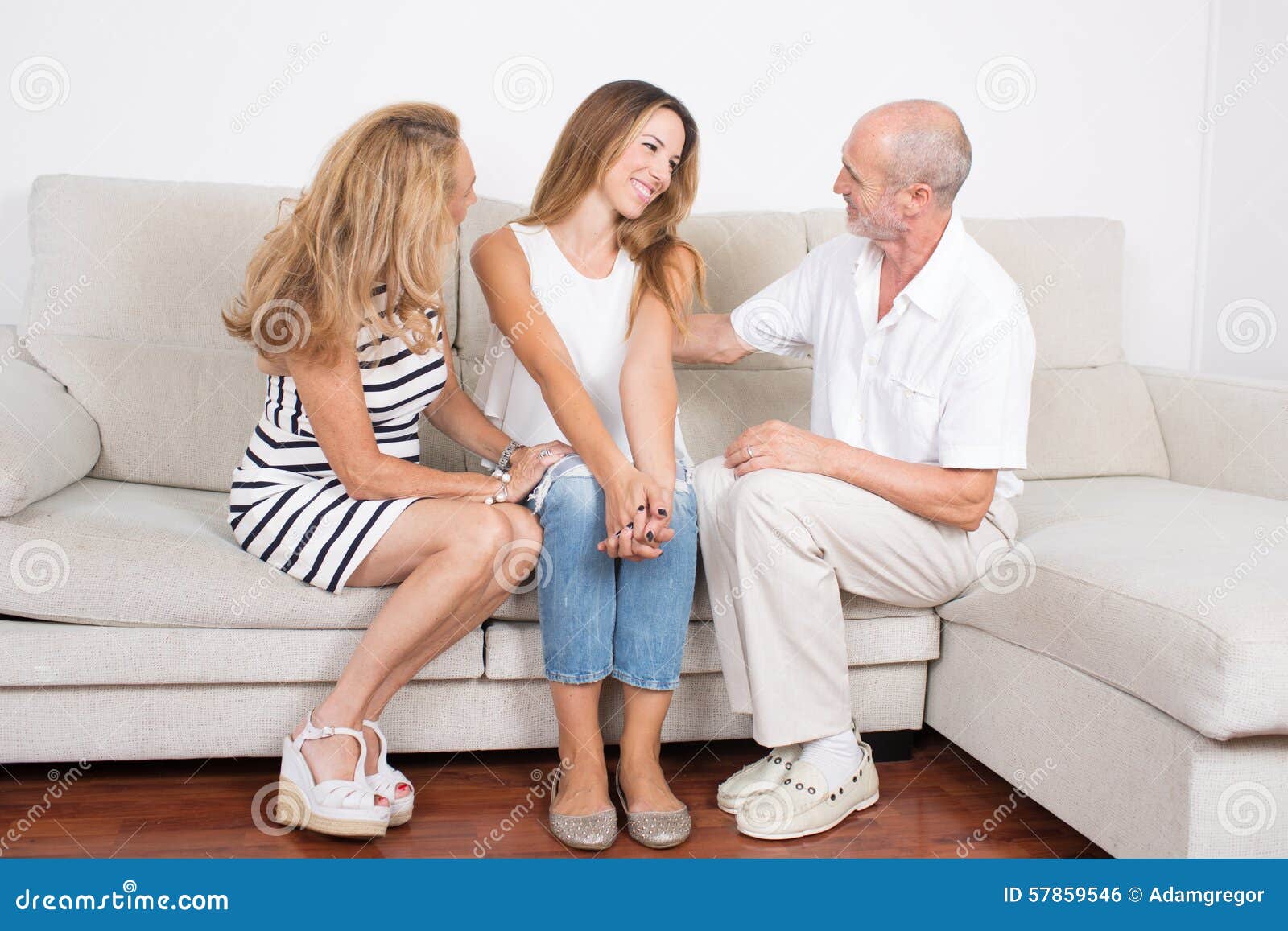 Talking With Parents. Happy Little Girl Kid Outside Near Her House ...