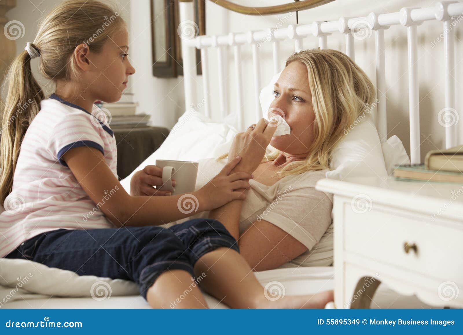 Daughter Visiting Sick Mother in Bed at Home Stock Image - Image of ...