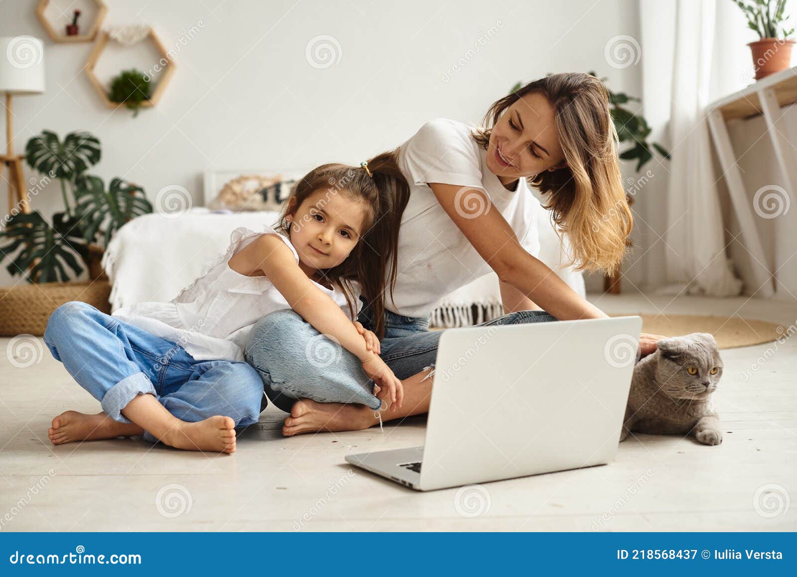 Daughter Watching Mom Work on Computer Stock Image - Image of family ...