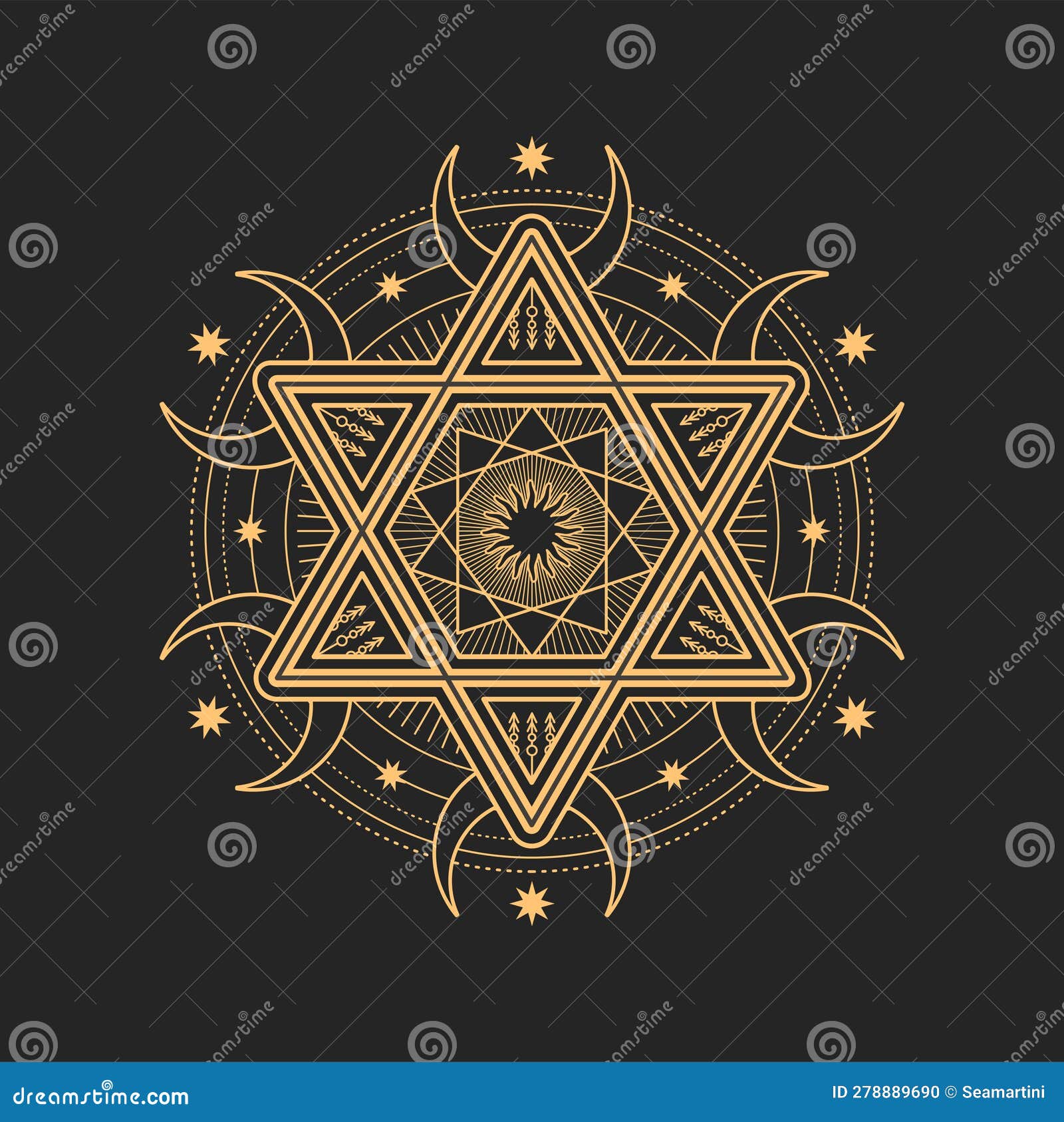 David Star with Crescent Moon on Points and Sun Stock Illustration ...